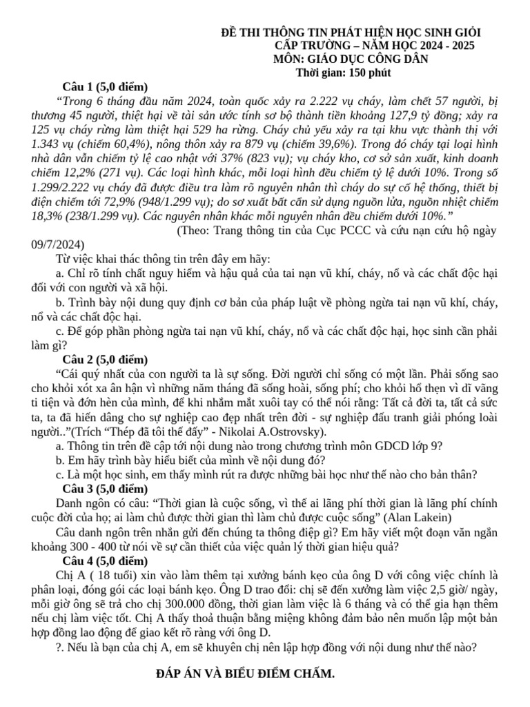 ĐỀ THI HS GIỎI GDCD CAP TRƯỜNG 2024 | PDF