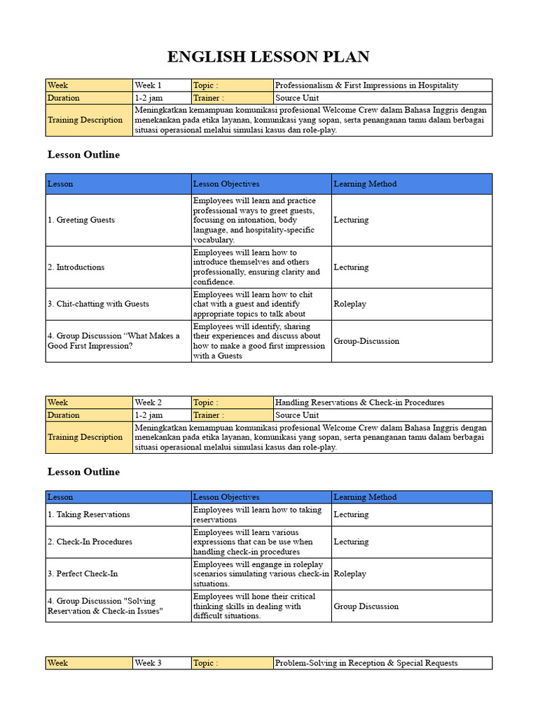 _English Class Lesson Plan - Welcome Unit | PDF | Behavior Modification ...