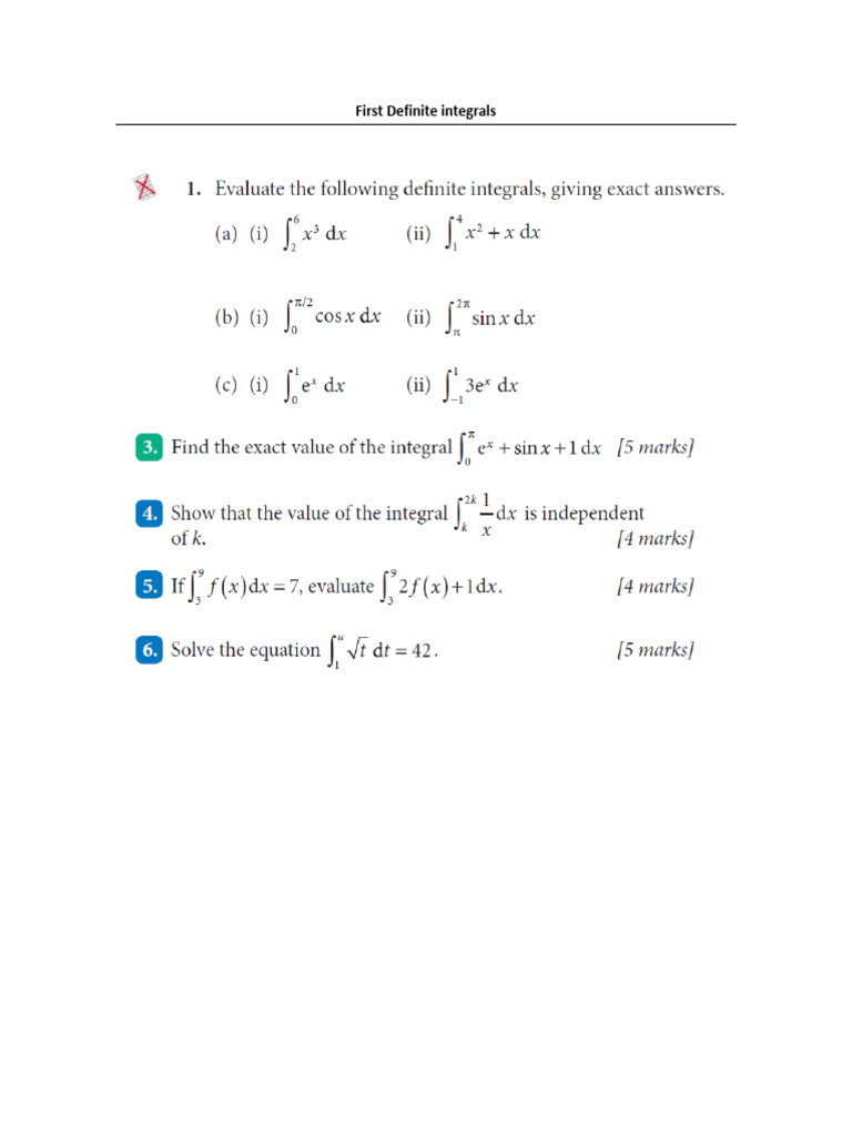 Math SL Definite Integrals 1 Exercises IB International Baccalaureate | PDF