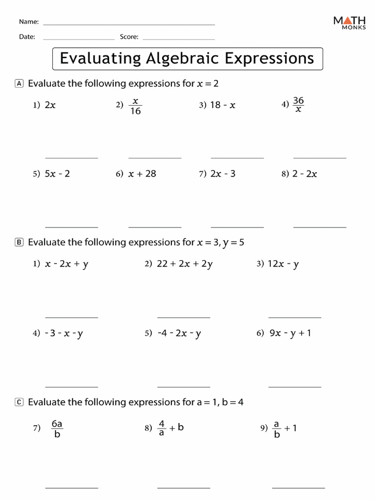 Evaluating Algebraic Expressions Worksheet | PDF