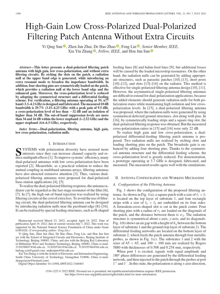 High-Gain Low Cross-Polarized Dual-Polarized Filtering Patch Antenna Without Extra Circuits ...