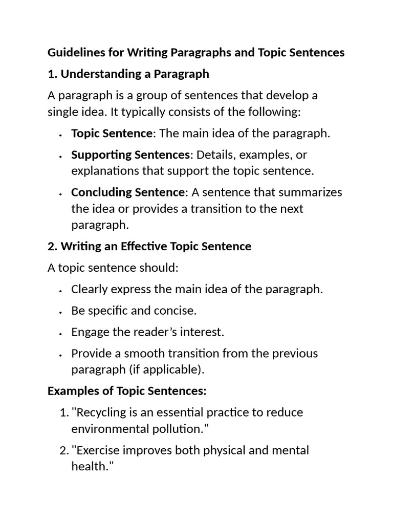 Guidelines for Writing Paragraphs and Topic Sentences | PDF | Reading ...