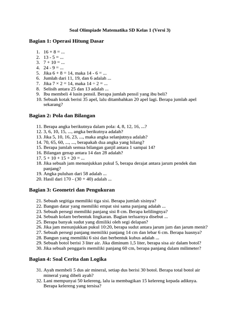Soal Olimpiade Matematika SD Kelas 1 | PDF