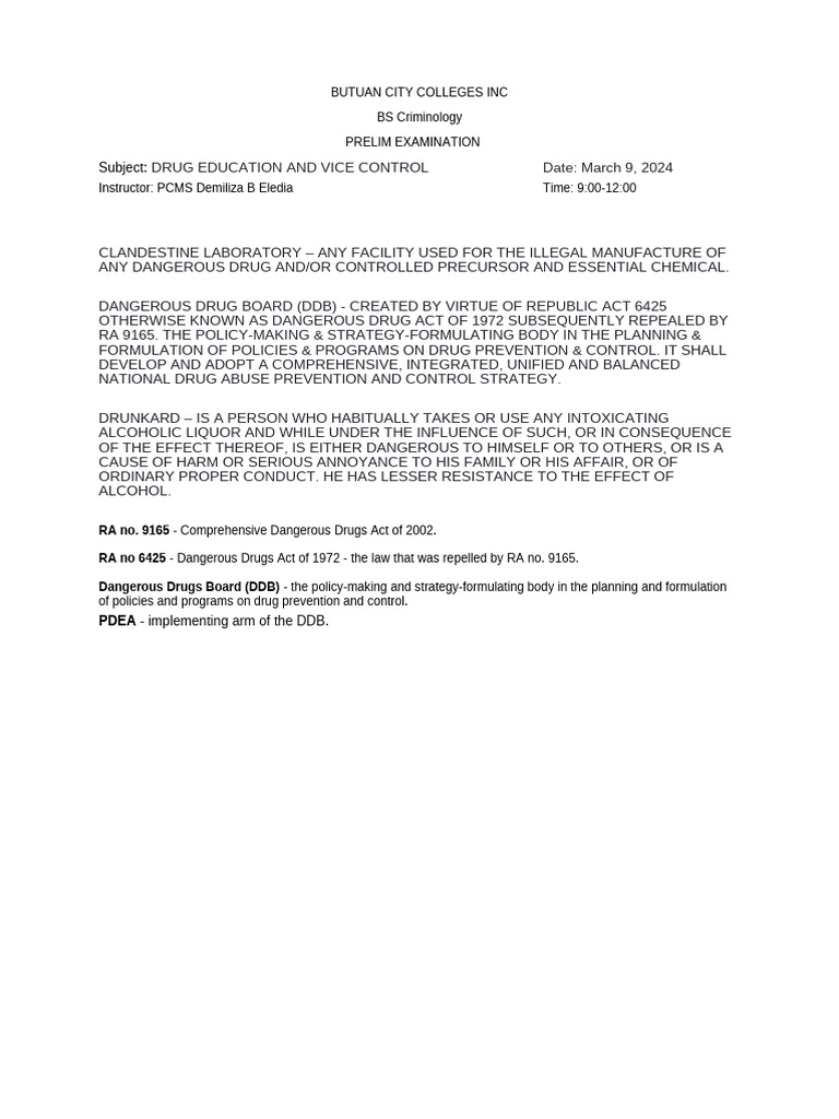 Drug Education and Vice Control Exam Guide | PDF | Morphine | Opium
