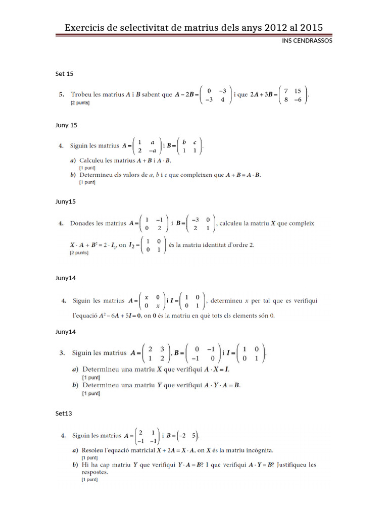 [Exercicis] Matrius Enunciats PAU 2 | PDF