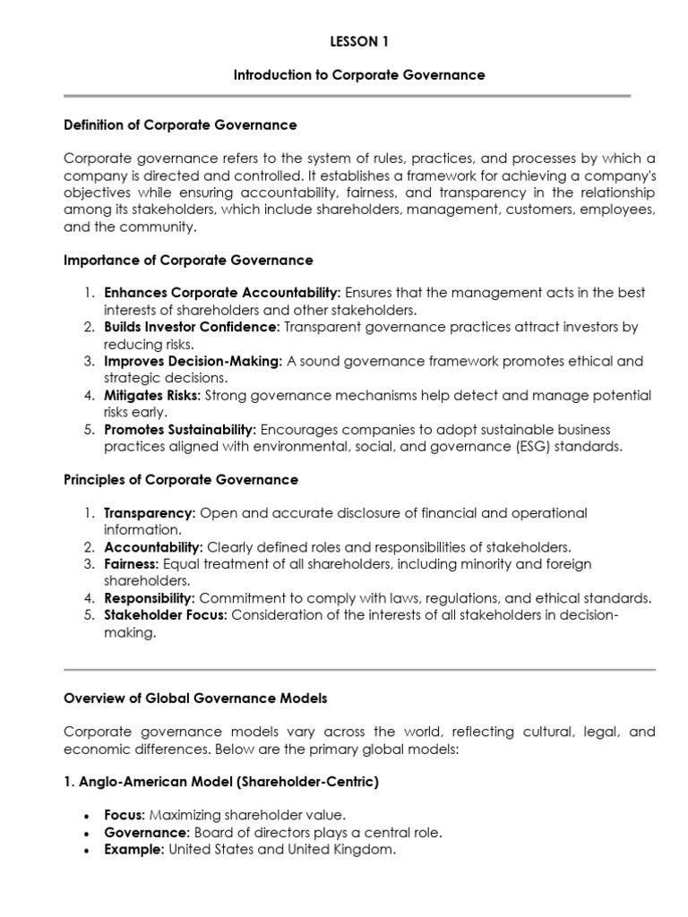 Corporate Governance: Key Principles & Models | PDF | Governance ...