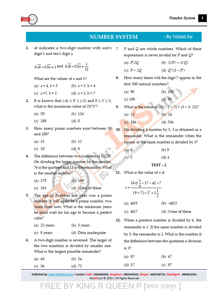 Number System Practice Questions | PDF | Prime Number | Numbers