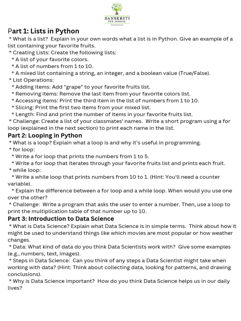 Python, Data Science, and AI A Worksheet for Grade 8 This worksheet ... Python, Data Science, and AI A Worksheet for Grade 8 This worksheet ...