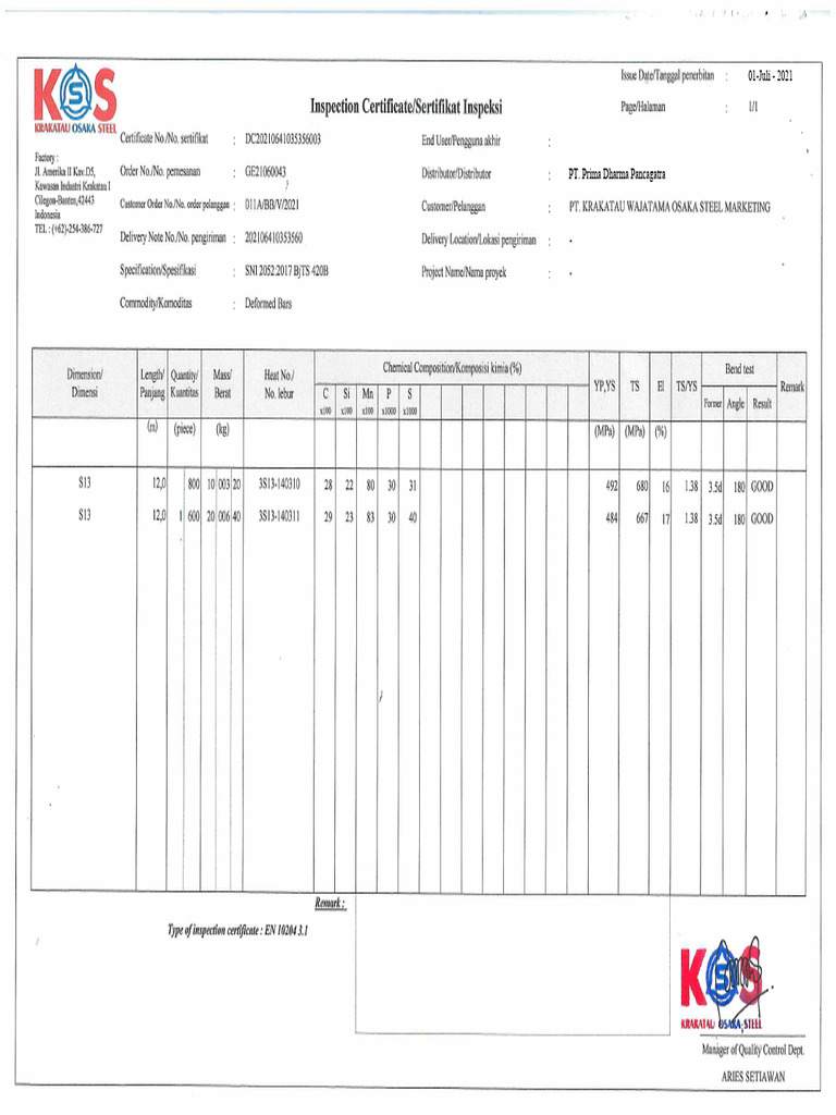 Millsheet KS010721 | PDF