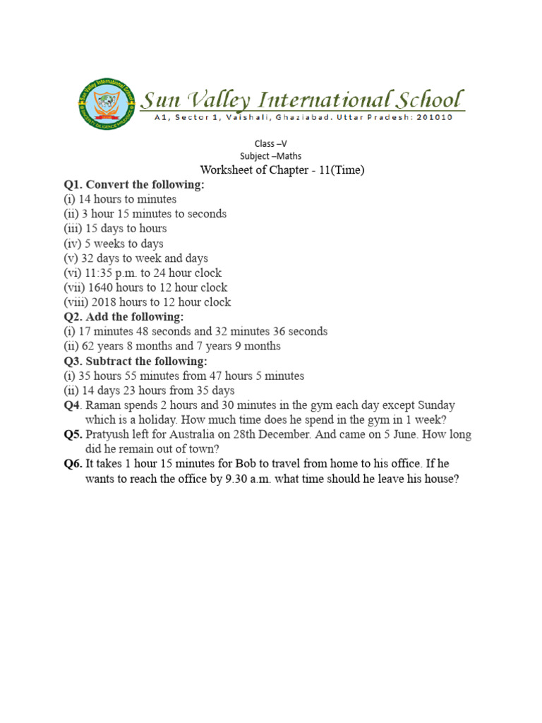 Maths Worksheet of Chapter 11 - V | PDF