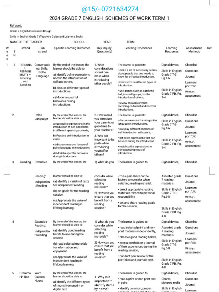 GRADE 7 TERM 1 ENGLISH SCHEMES Skills | PDF | Narrative | Learning