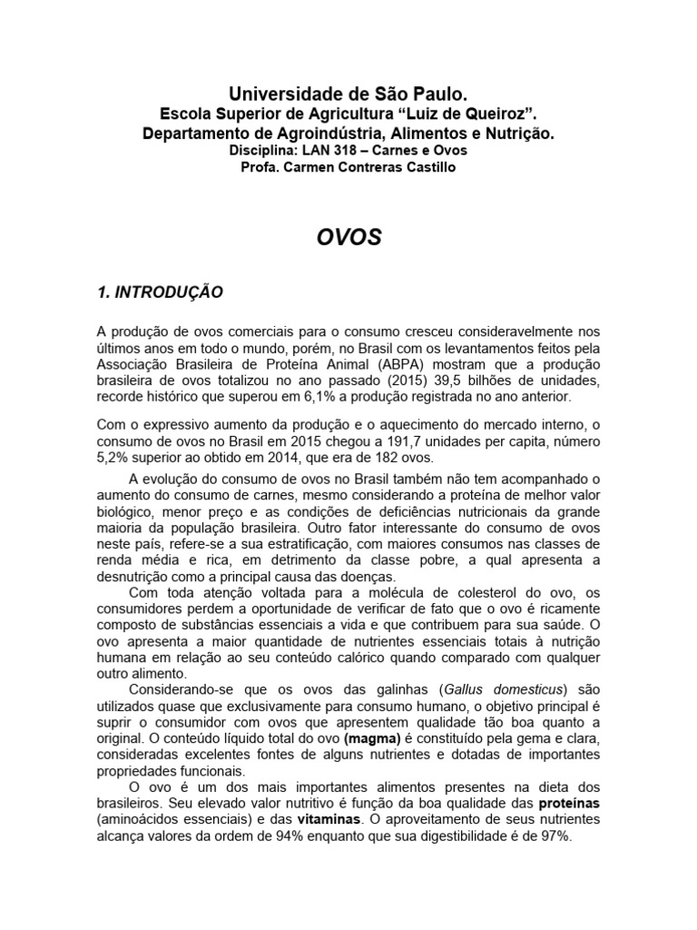 Texto - AULA TEORICA OVOS | PDF | Ovo | Cálcio