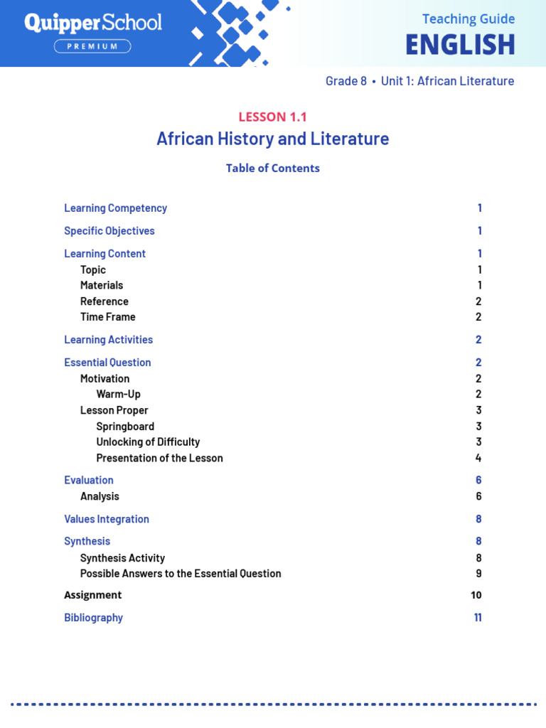 ME Eng 8 Q1 0101 - TG - African History and Literature | PDF