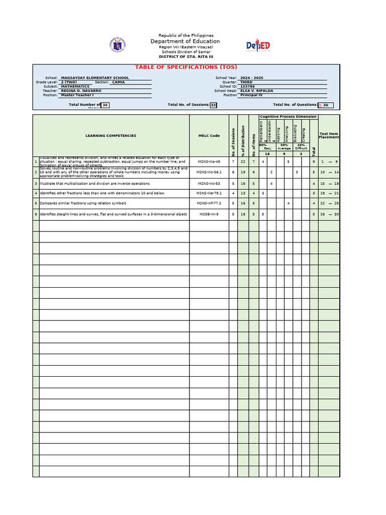TOS MATH 2 3rdQT2024 | PDF | Multiplication | Arithmetic