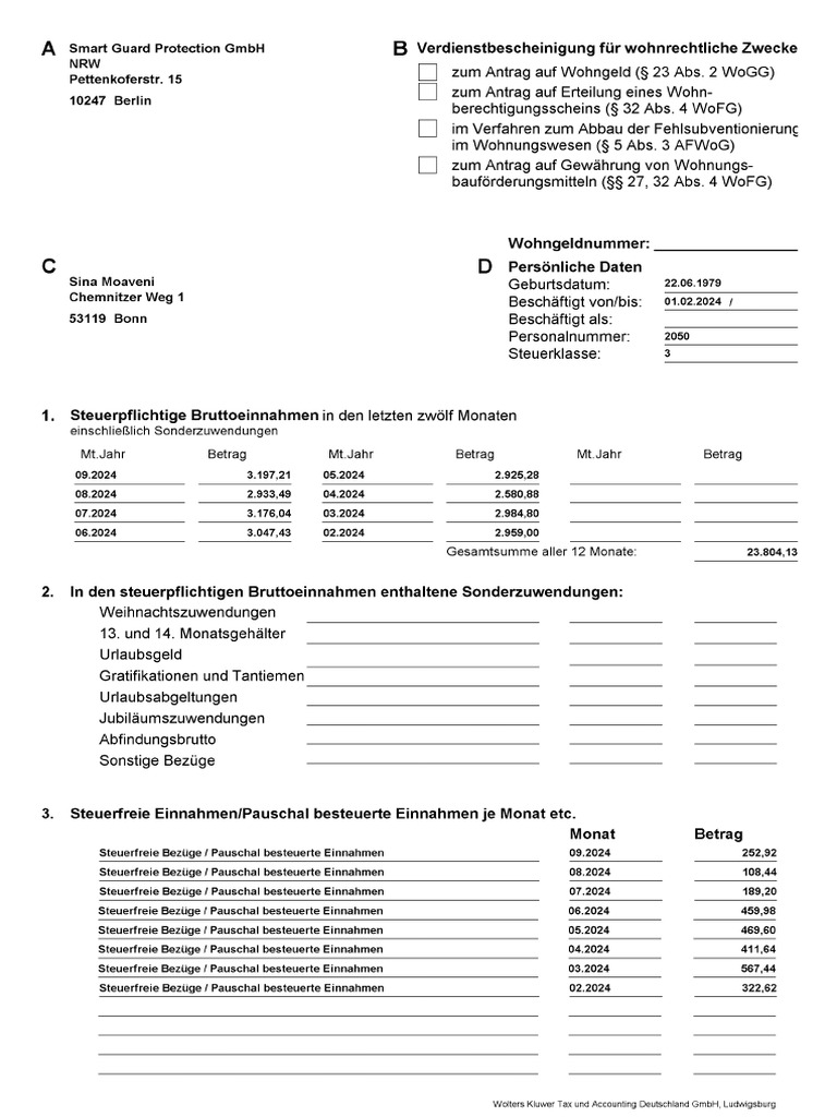 Moaveni, Sina - Formulare Verdienstbescheinigung Für Wohnrechtliche ...