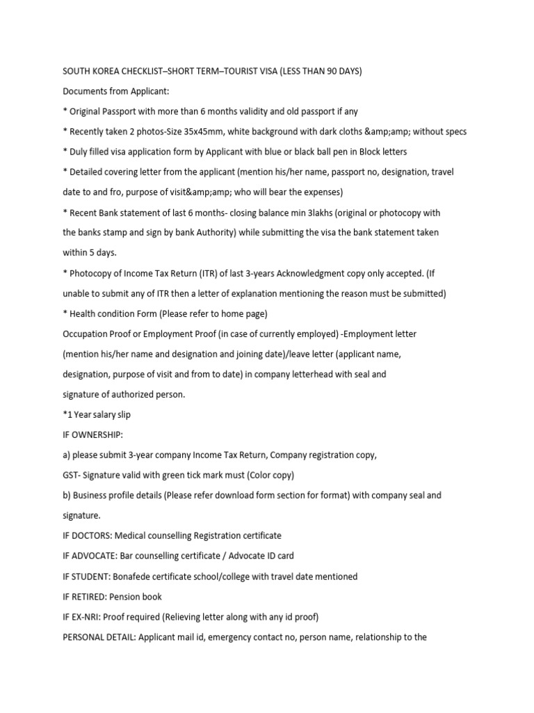 South Korea Tourist Visa Checklist | PDF