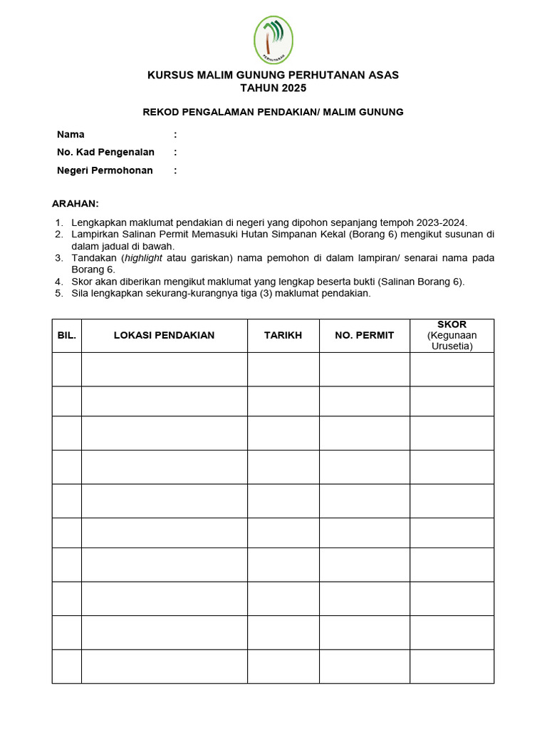 Borang Rekod Pengalaman MGP 2025 | PDF