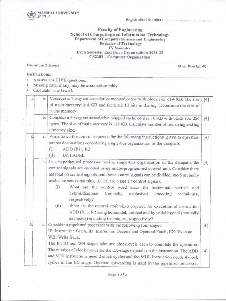 CS2203-Computer Organization-IV Sem-2021-22 | PDF