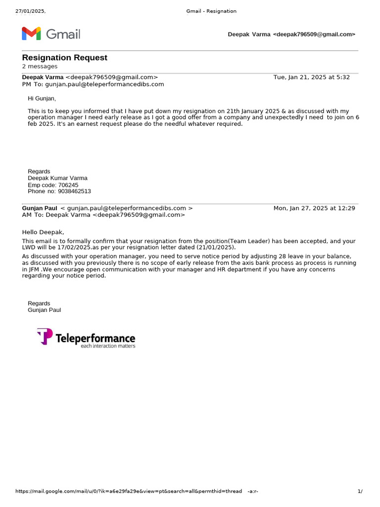 Resignation Request Confirmation Email | PDF