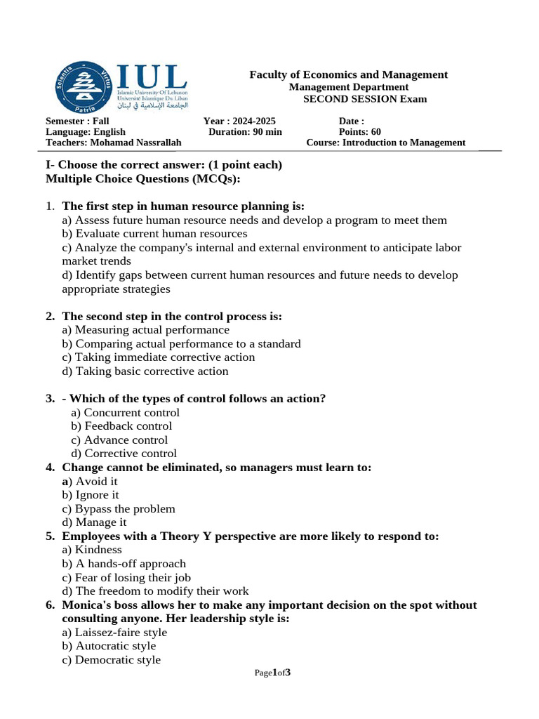 Intro to Management Exam 2024 | PDF | Human Resources | Change Management
