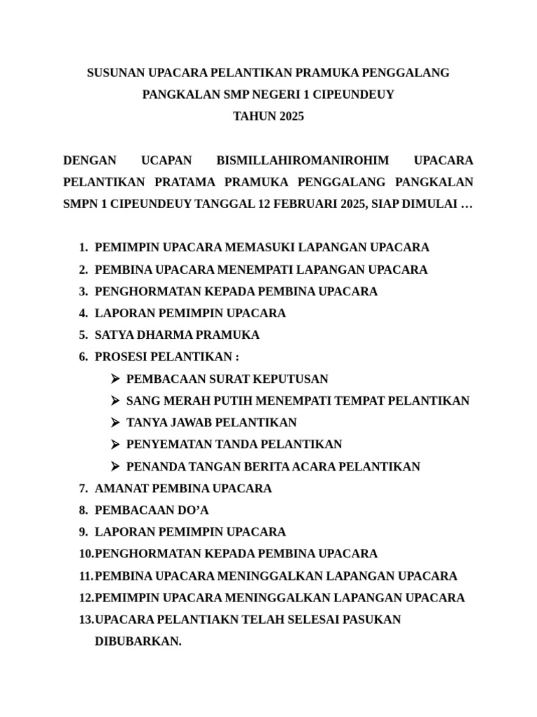SUSUNAN UPACARA PELANTIKAN PRAMUKA PENEGAK BANATAR DAN DOA | PDF