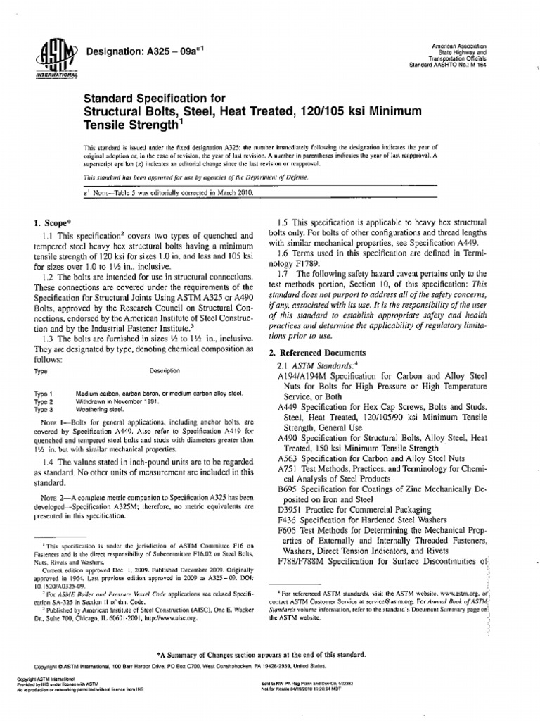 Astm A325 Rev A Yr 09 | PDF