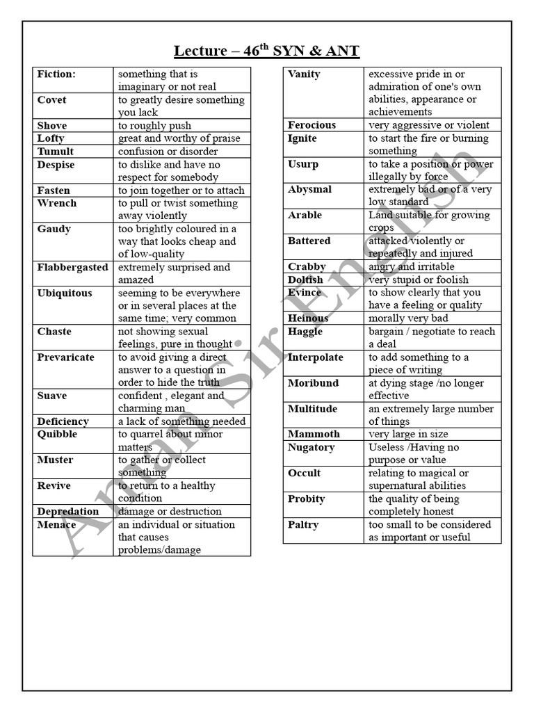 Vocabulary List: 46th SYN & ANT | PDF