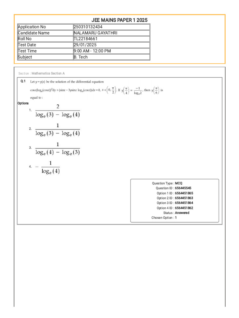 response sheet jee main 1 | PDF | Multiple Choice | Data Collection