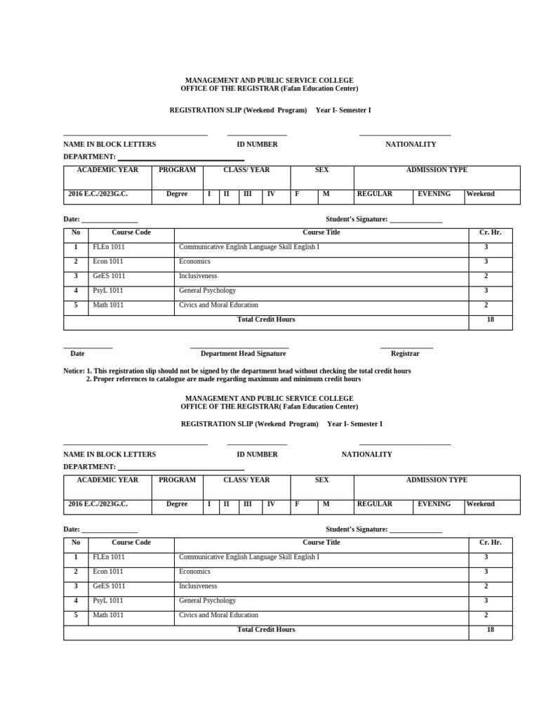 Slip 1st Year - 1st Semester | PDF | Course Credit | Educational Stages