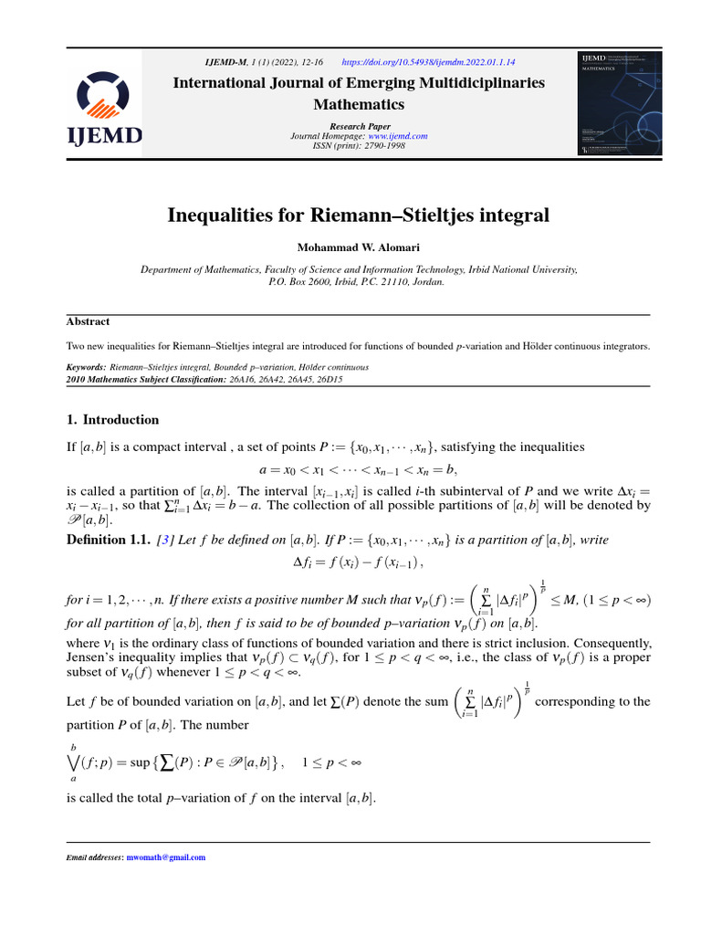 Inequalities_for_Riemann_Stieltjes_integ | PDF | Mathematical Objects | Measure Theory