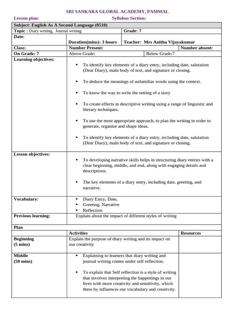Lesson Plan For Grade 7 Diary Writing, Journal Writing | PDF | Learning ...