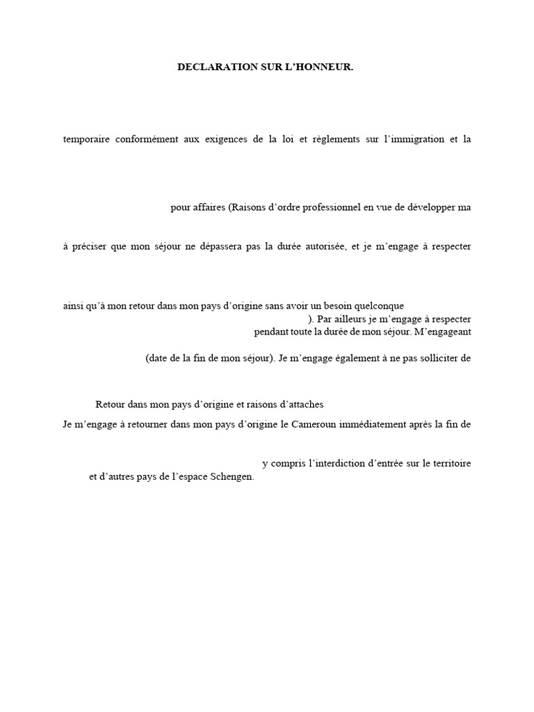 Déclaration sur l'honneur pour visa Schengen | PDF