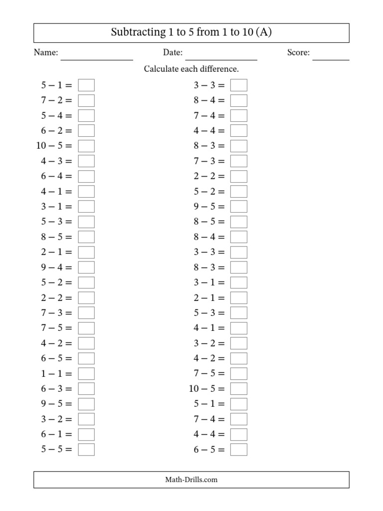 Subtraction Facts To10 Horizontal50 All.1669768320 | PDF | Subtraction ...