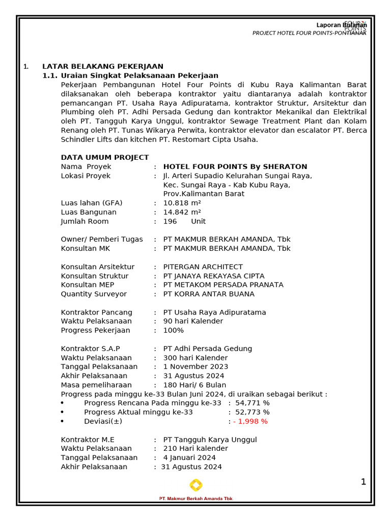 Laporan Progres Pembangunan Hotel Four Points | PDF