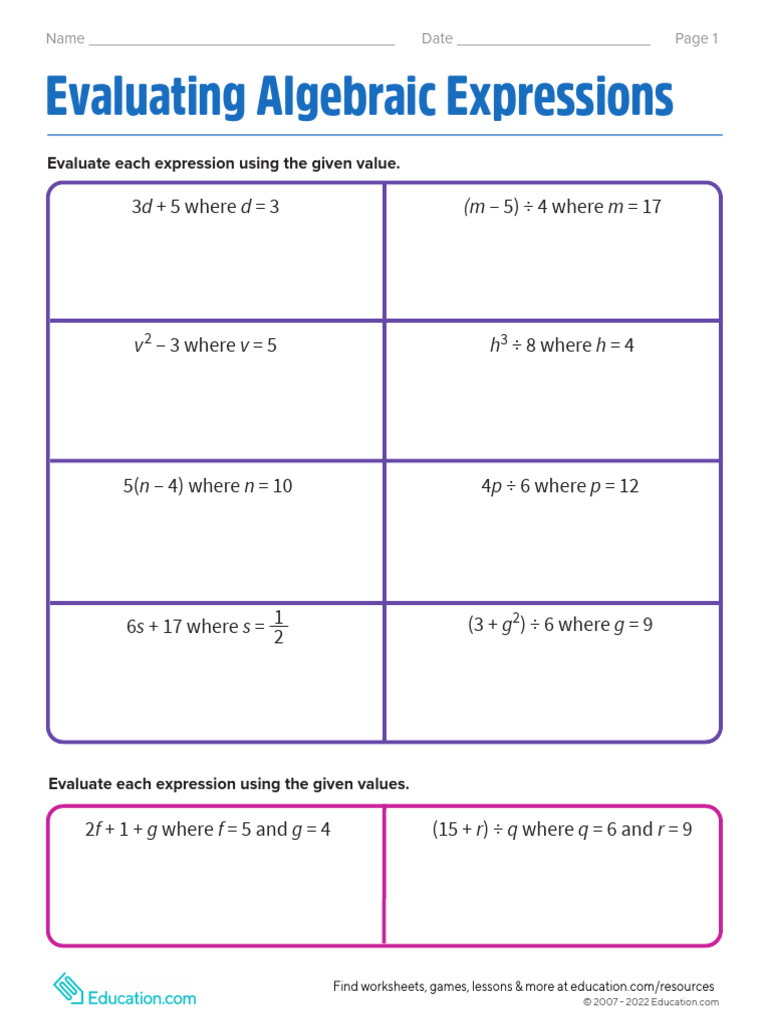 Evaluating Algebraic Expressions Worksheet | PDF