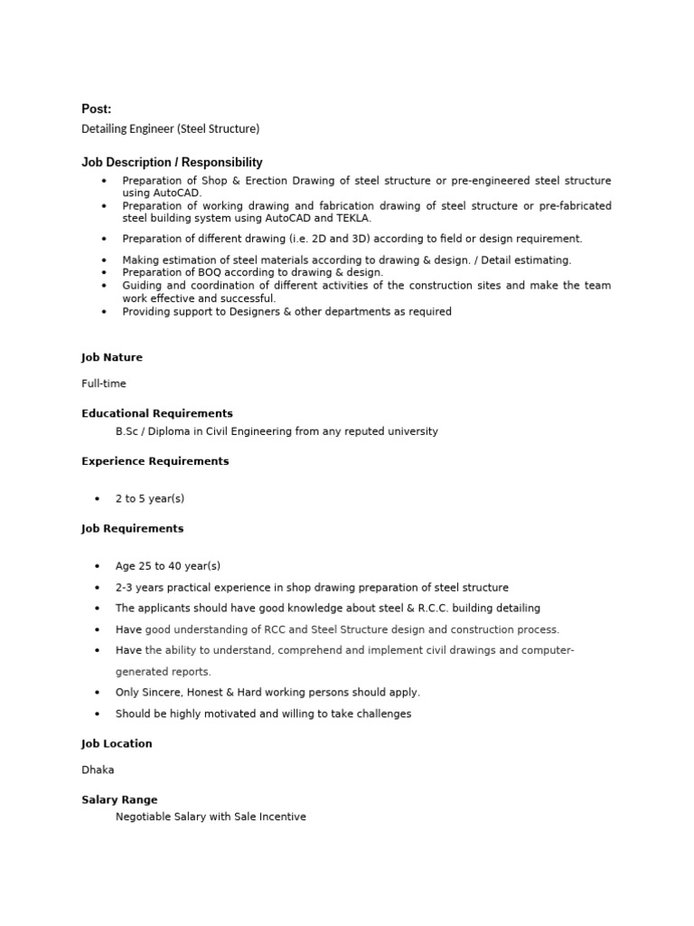 Steel Detailing Engineer Job Overview | PDF