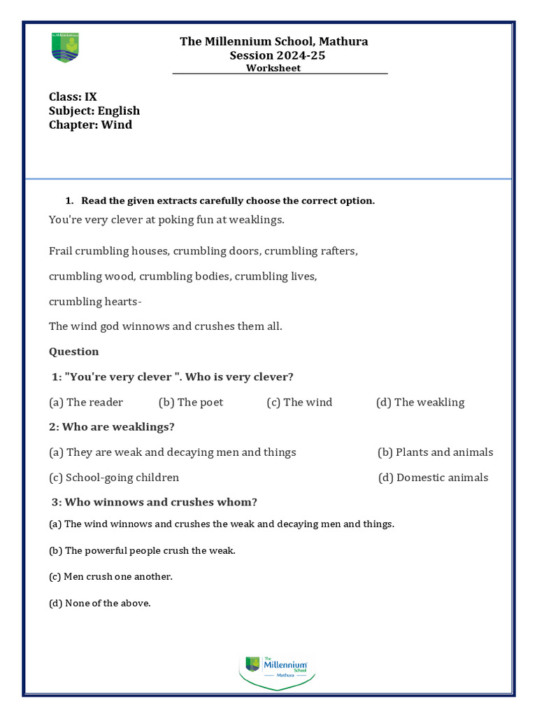 Class 9 Wind Poem Worksheet | PDF