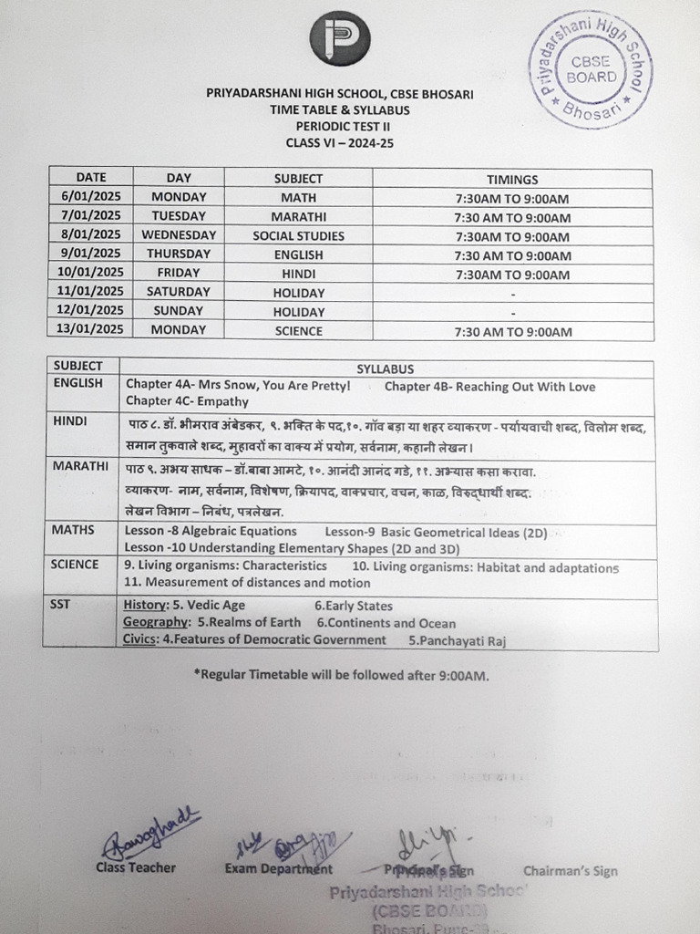 6th std PT 2 TimeTable & Syllabus | PDF