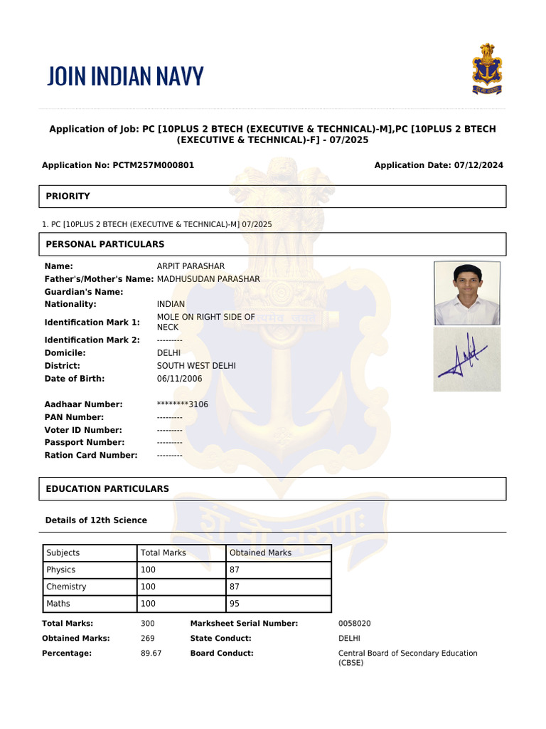 BTech PC Application for Indian Navy | PDF