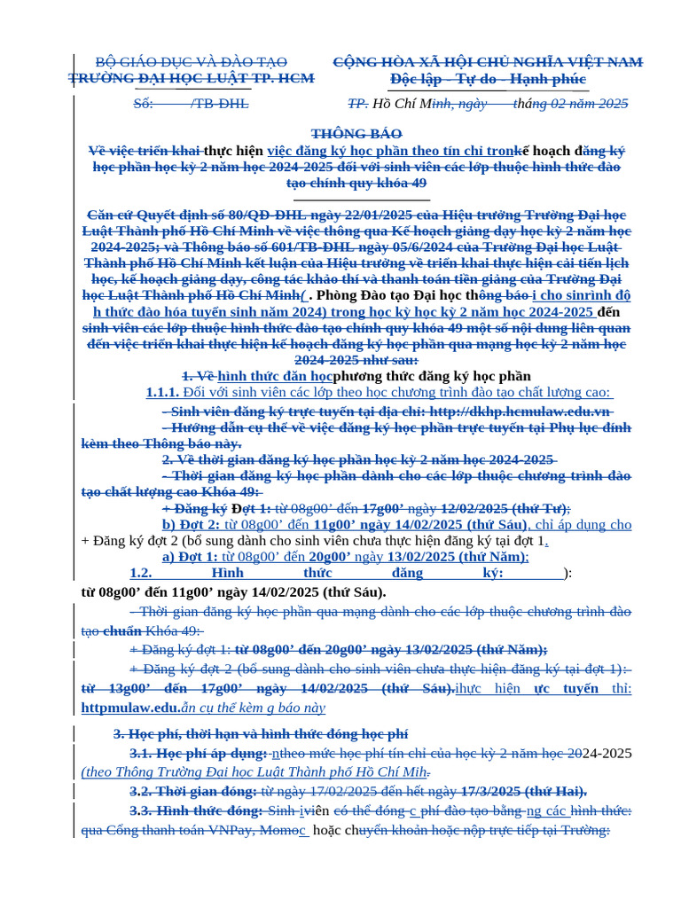 Huong dan sinh vien khoa 49 dang ky hoc phan truc tuyen - Hoc ky 2 nam hoc 2024-2025 - Du thao | PDF