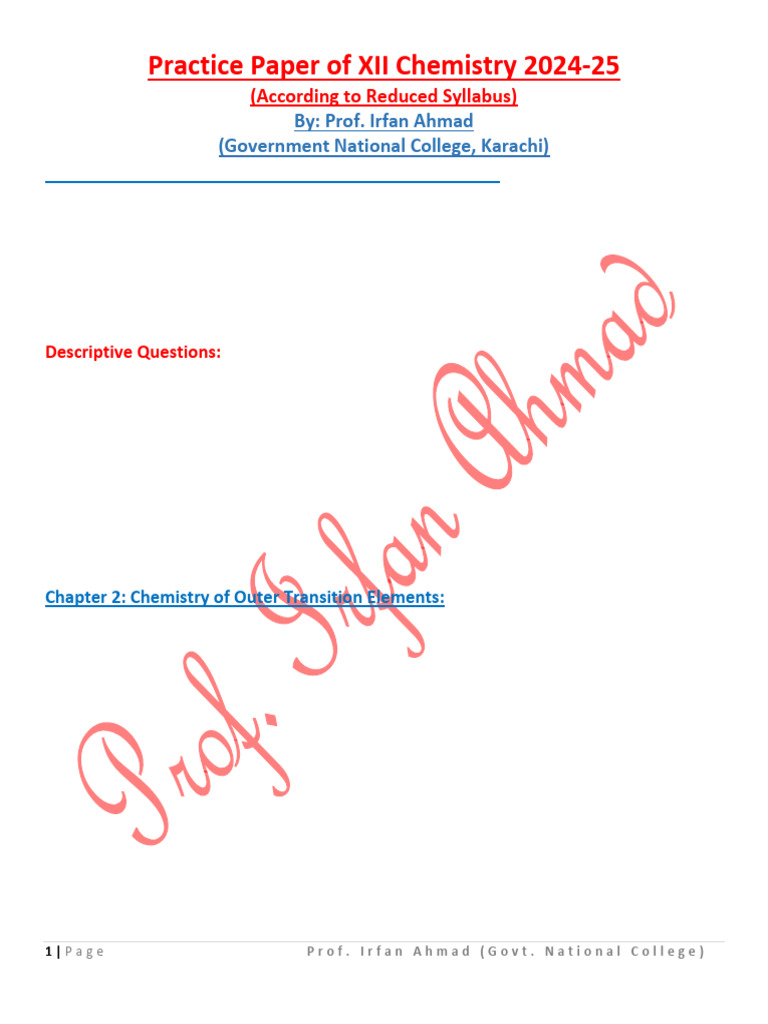 Prof. Irfan Ahmad's (XII Chemistry Practice Paper 2024-25) | PDF ...