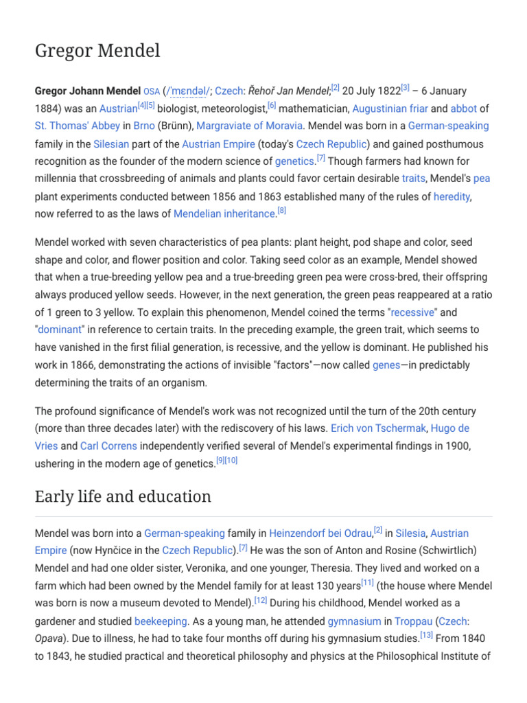 Gregor Mendel - Wikipedia | PDF | Genetics | Biology