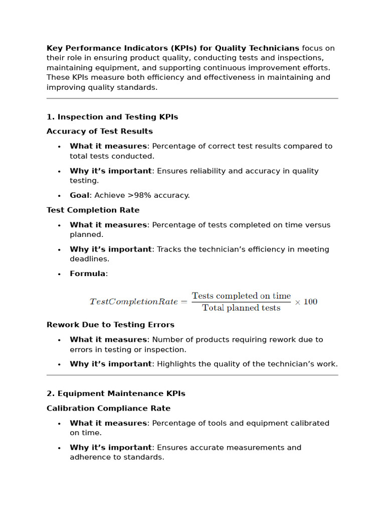 Technician KPIs for Quality Assurance | PDF | Performance Indicator | Audit