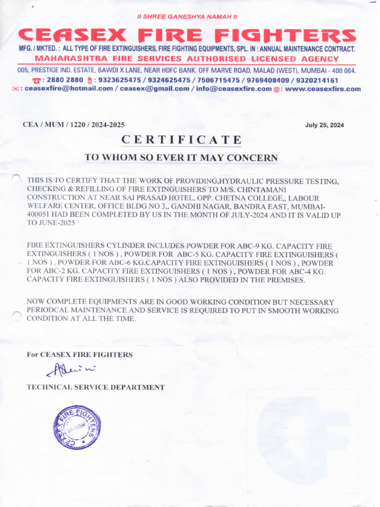 Fire Extinguisher Certificate Jul 24 Jun 25 | PDF