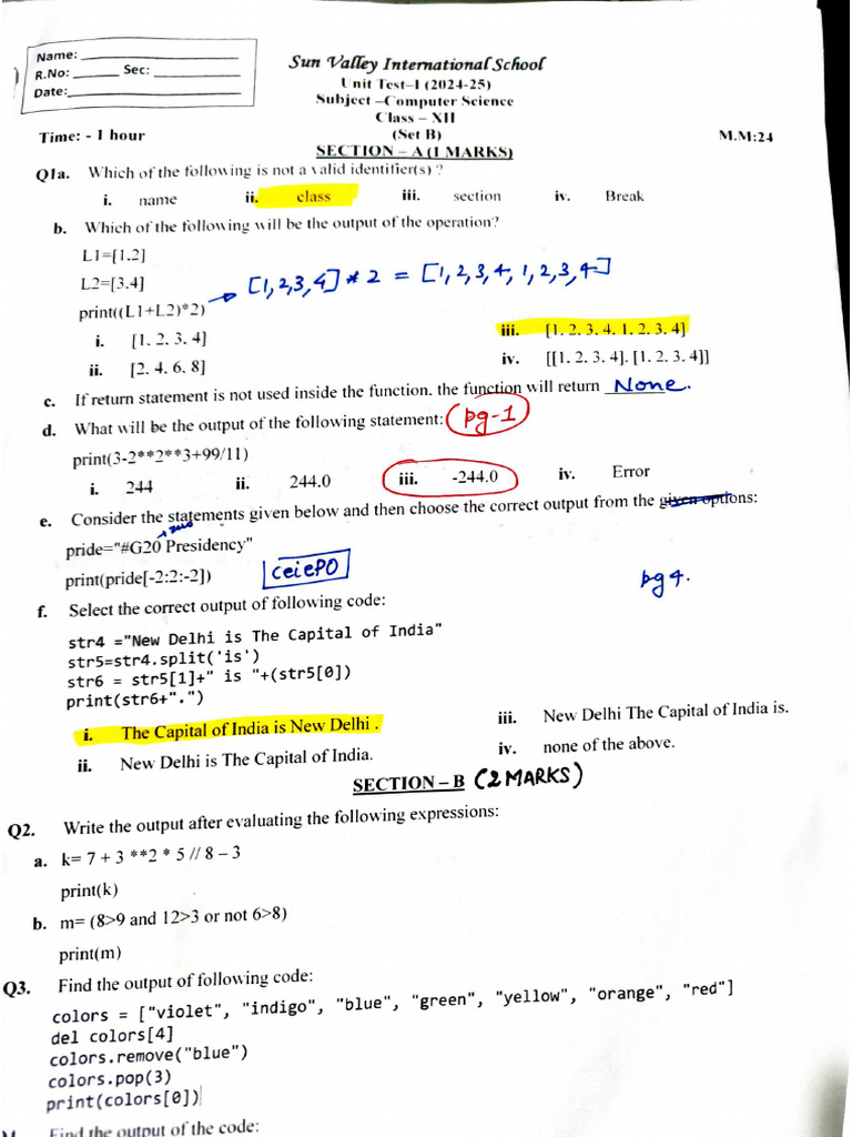 Class 12 Cs Set B and Key | PDF
