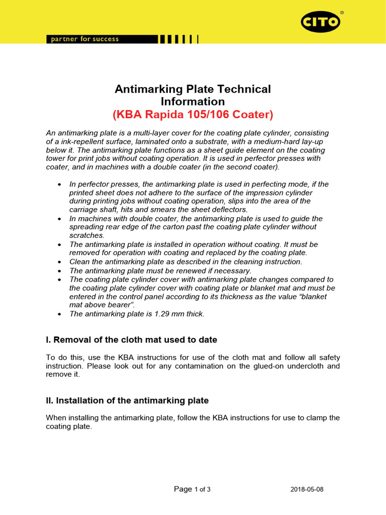 Antimarkierplatte KBA Rapida 105 - 106L - EN | PDF | Coating | Materials