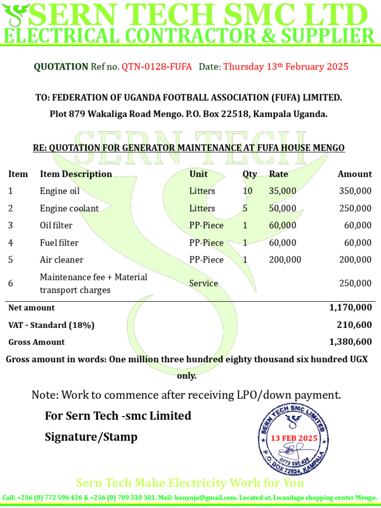 Quotation For Generator Maintenance at Fufa House Mengo 2-2025 | PDF