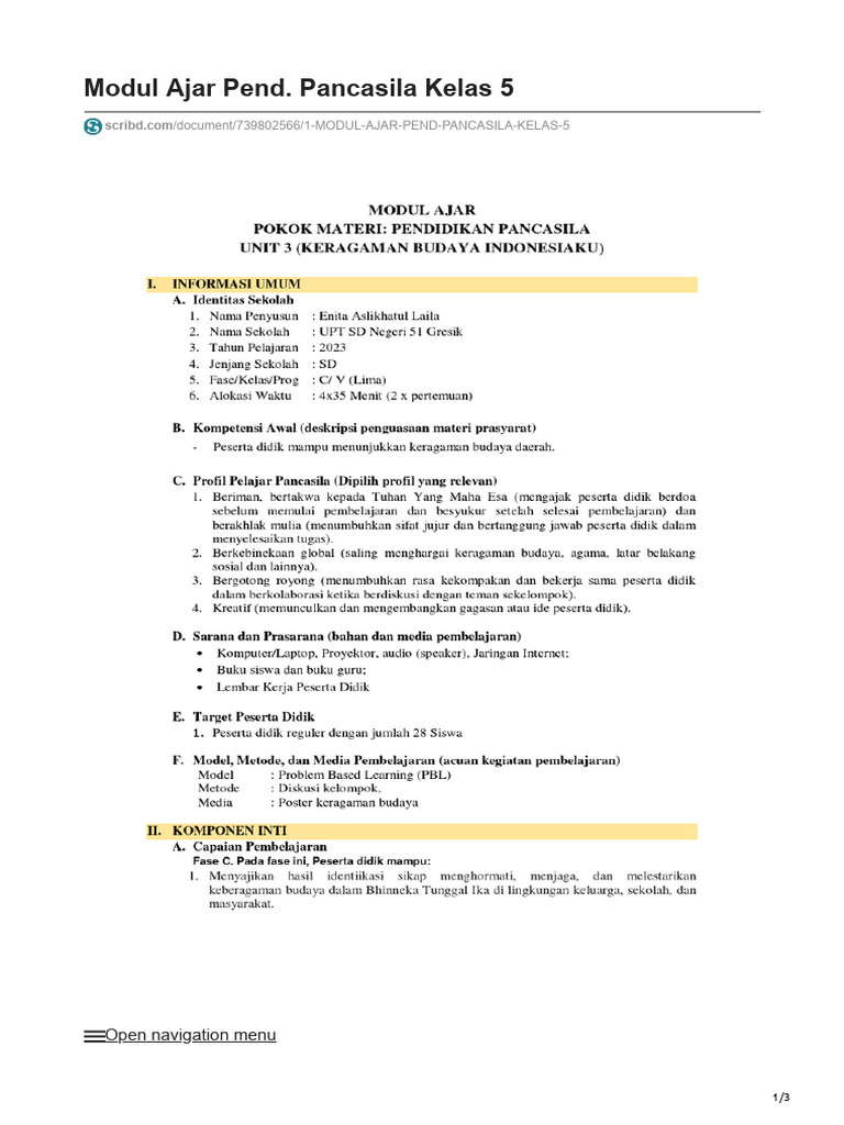 Modul Ajar Pend Pancasila Kelas 5 | PDF