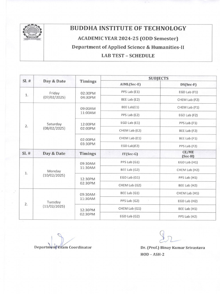 Lab Schedule Ash-II (Aiml, DS, It, Ce&Me) | PDF