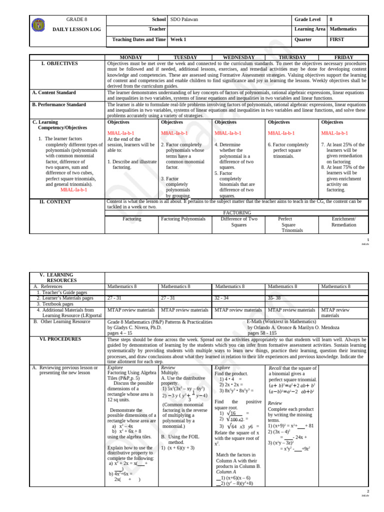 dll-math-grade8-quarter1-week1-palawan-division | PDF | Equations | Variable (Mathematics)